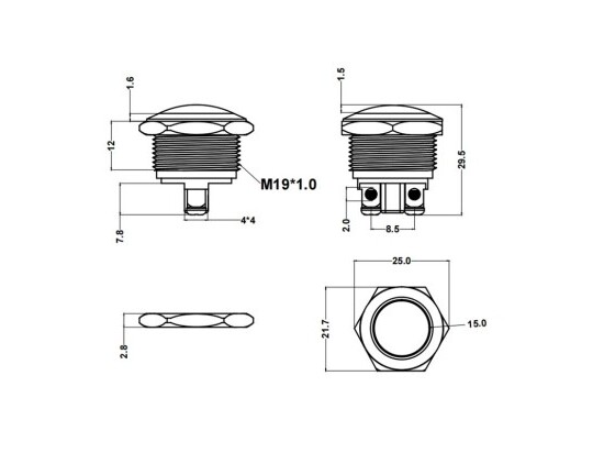 Tlačítkový spínač M19 250V/5A kovový | T-LED